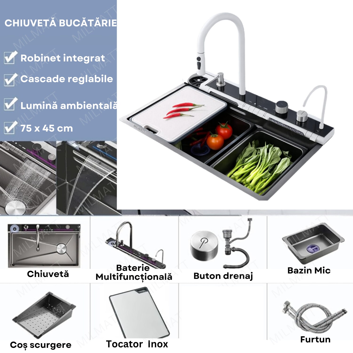 Set chiuveta bucatarie, Milmatt, multifunctionala, cu afisaj led ...