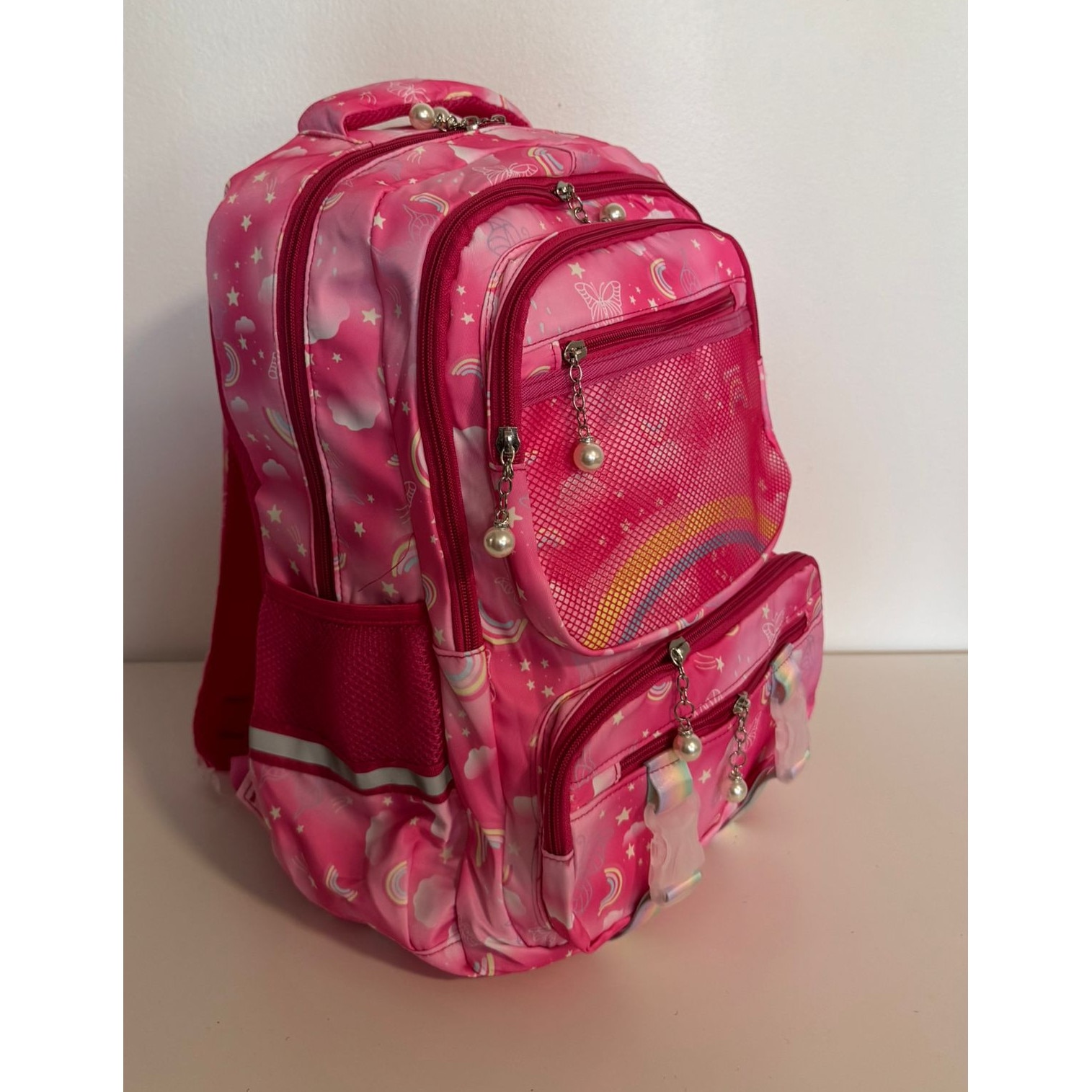 Rucsac scolar cu imprimeu curcubeu si pompon pufos – 45x32x16 cm ...