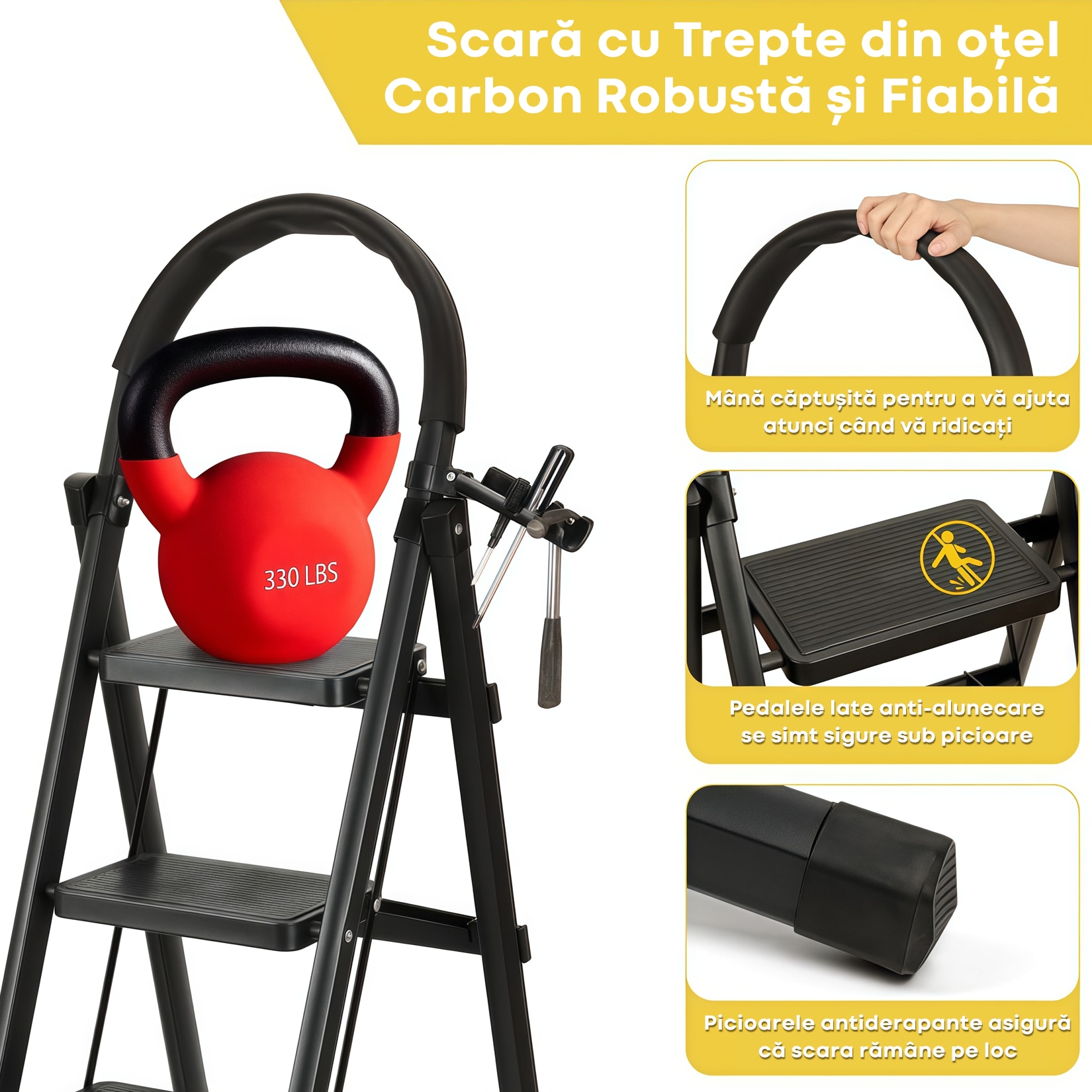 Scara pliabila, cu 4 trepte late, Wacorresi, suport triunghiular, cu ...