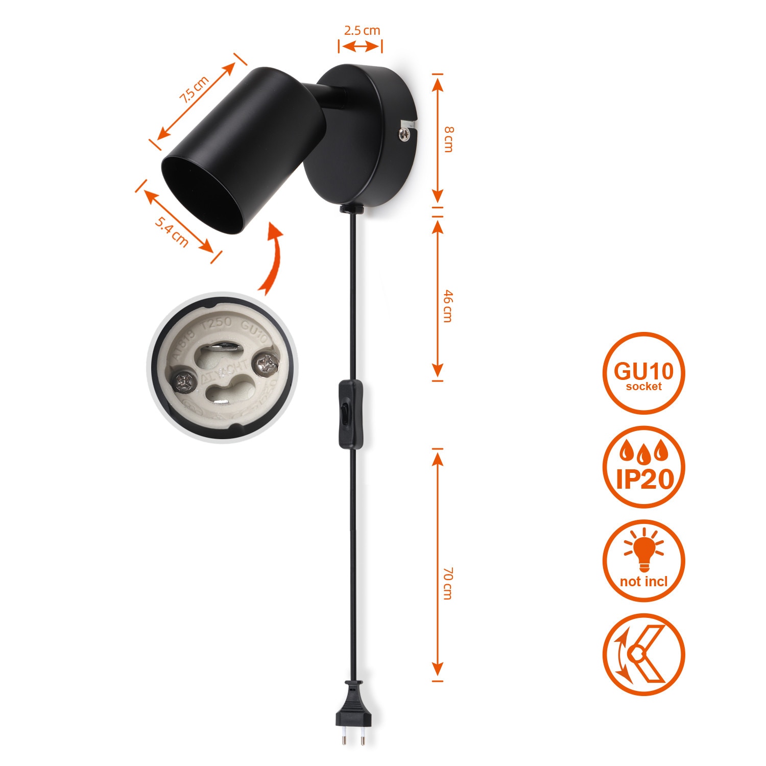 DA LIGHT fali spotlámpa, állítható, fekete, 1.2m, fém, 230V, GU10 - eMAG.hu