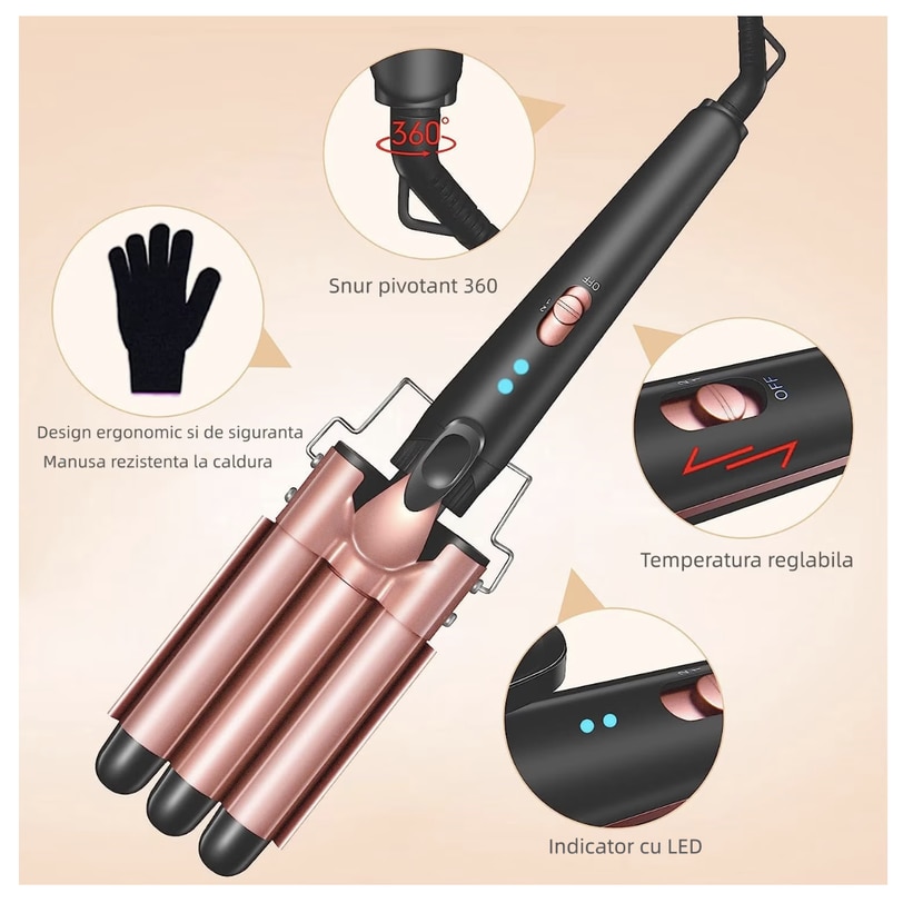 Ondulator de par pentru bucle 5 in 1, Solaceon®, 3 bare, 2 nivele de ...