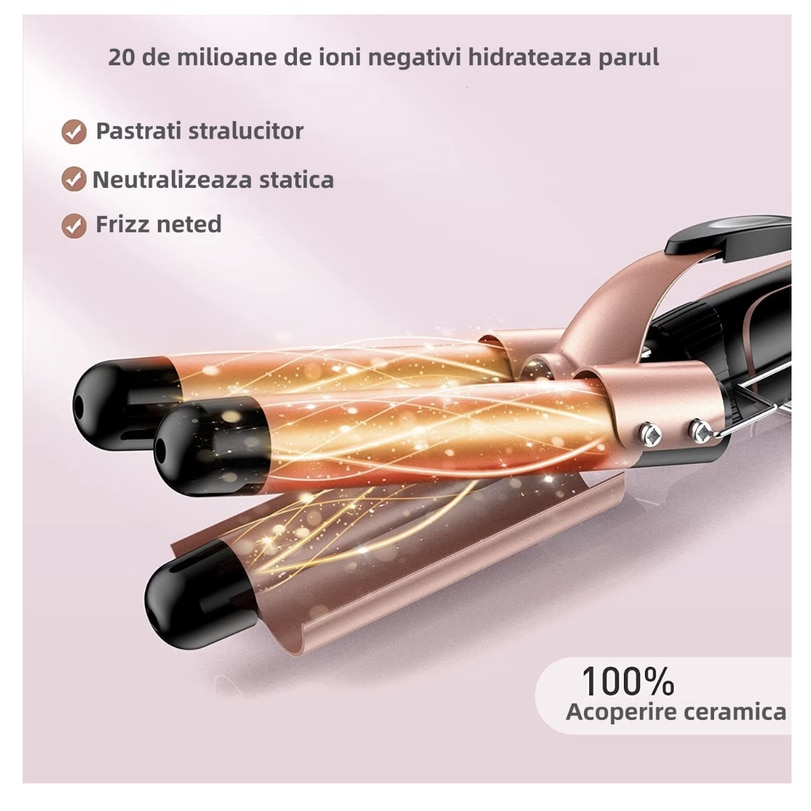 Ondulator de par pentru bucle 5 in 1, Solaceon®, 3 bare, 2 nivele de ...