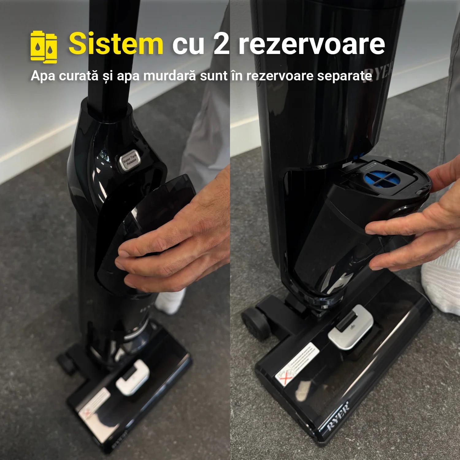 Aspirator Vertical fara fir cu Spalare RYER DualForce, Aspirator si Mop ...