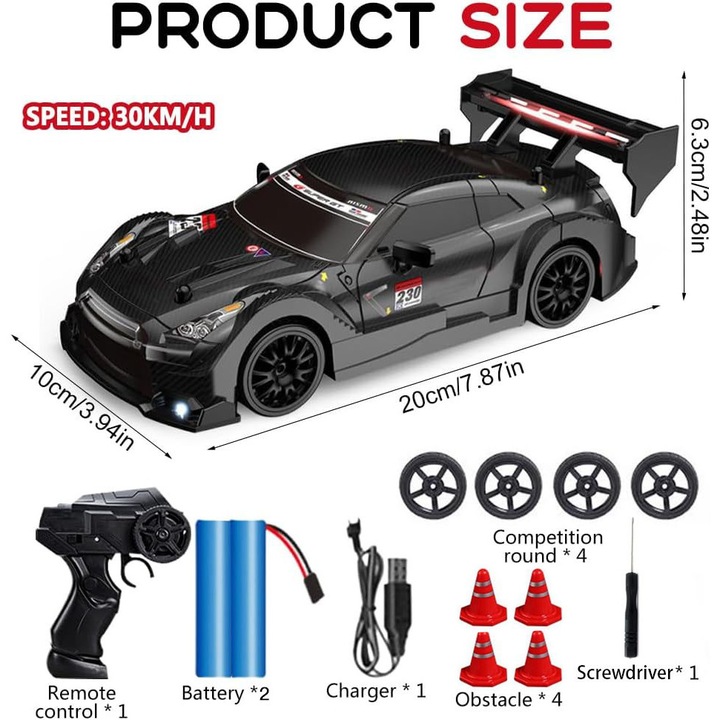 Masina cu telecomanda, Drift car, 30km/h, 4WD, 1:24, Negru, Set 2 ...