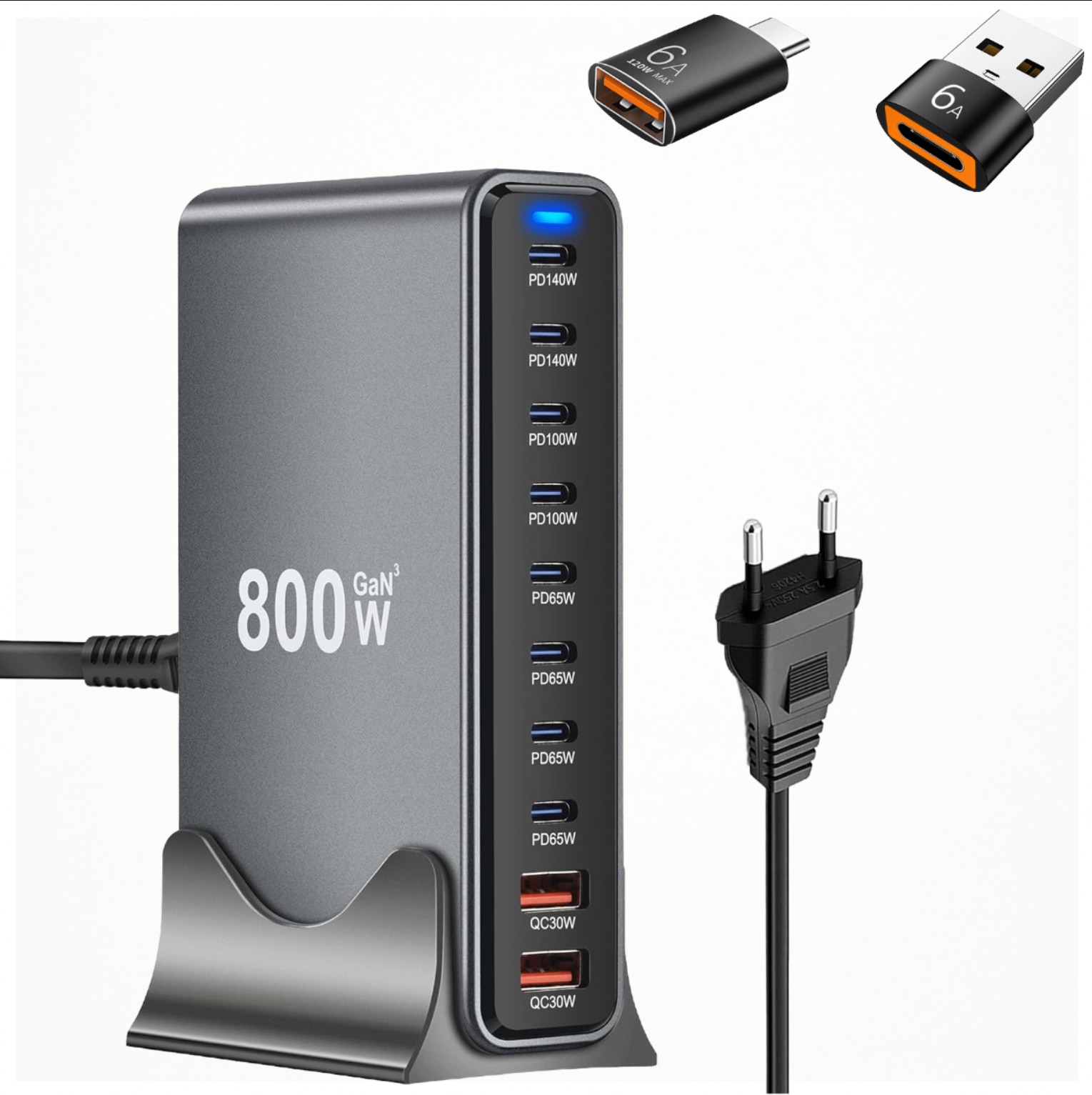 Set Incarcator USB-C GaN3 800W TechEeee + 2 Adaptoare USB–USB-C OTG, 8x ...