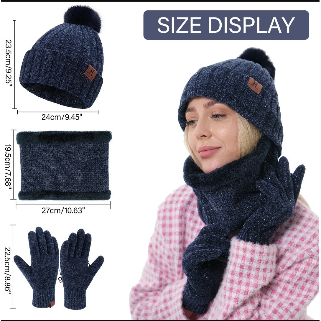 Комплект зимна шапка с ръкавици и кръгъл шал, плетен, тъмносин - eMAG.bg