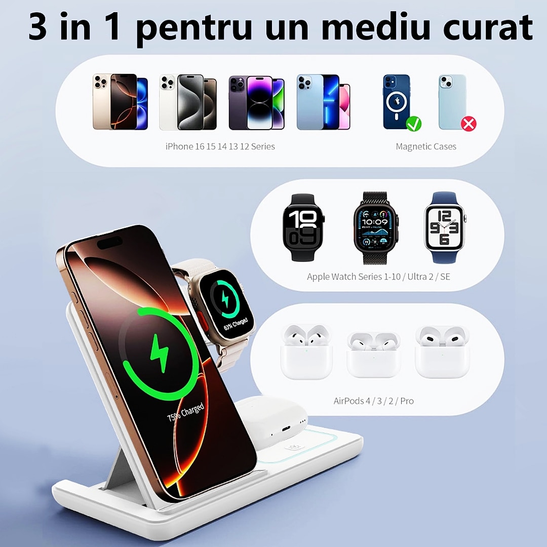 Incarcator Wireless Magnetic 3-in-1, incarcator birou, set incarcator ...