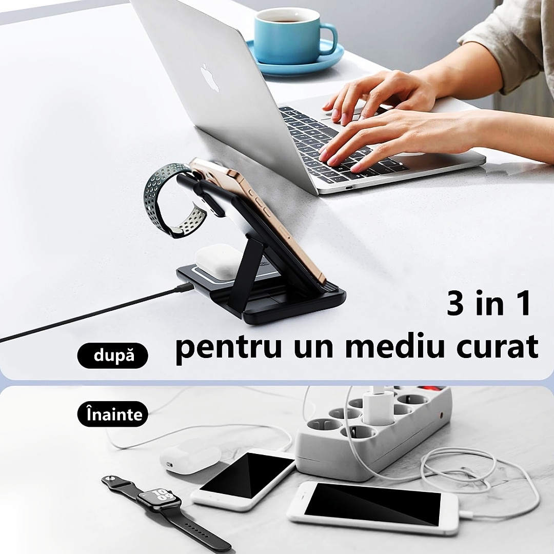 Incarcator Wireless Magnetic 3-in-1, incarcator birou, set incarcator ...