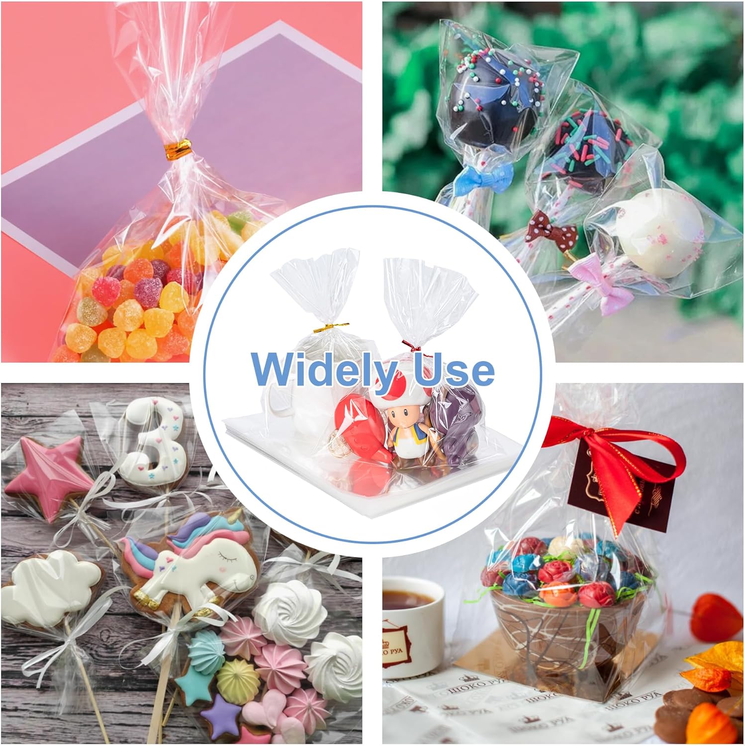 Pachet set 100 pungi celofan transparente 10x15cm cu 100 legatori aurii ...