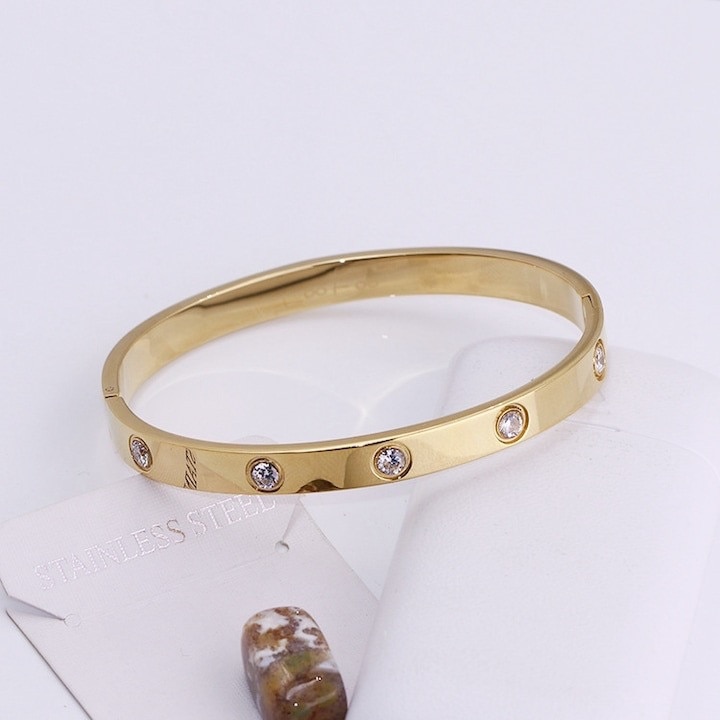 Bratara tip Bangle fixa, pietre zirconiu, otel inoxidabil, placata cu ...