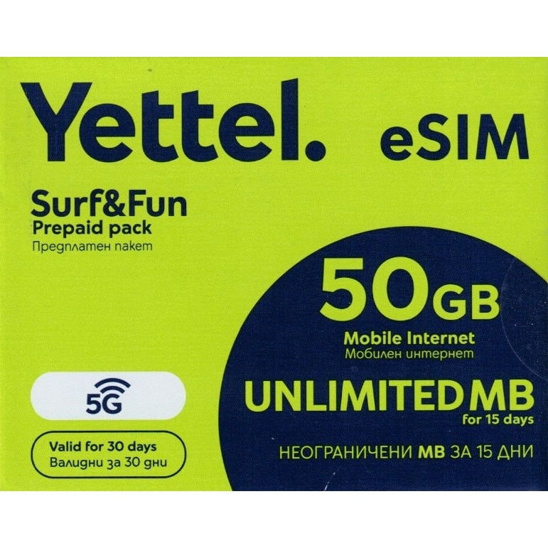 Cartelă SIM prepay Yettel, Internet mobil, eSIM de date, 50GB - eMAG.ro