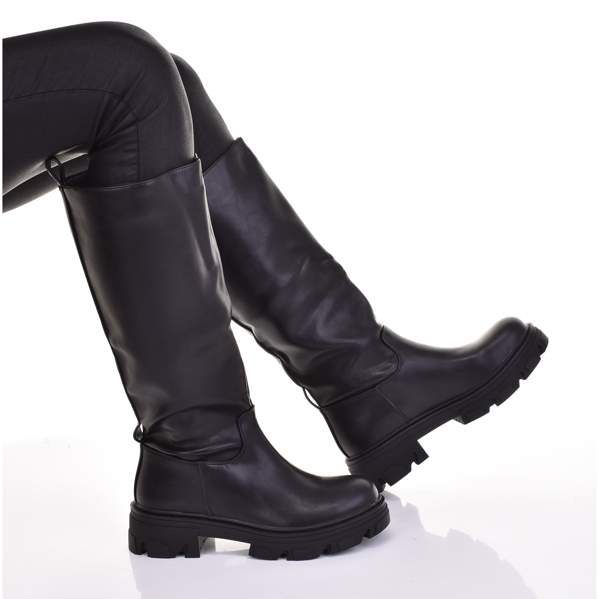 Cizme dama Martinus, slip-on, peste genunchi, cu platforma, negru ...