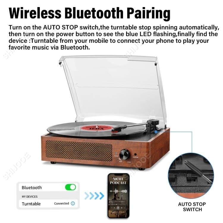 Pick-up stereo，SHIOOE®，Record Player，cu Bluetooth，3 viteze reglabile，33 ...