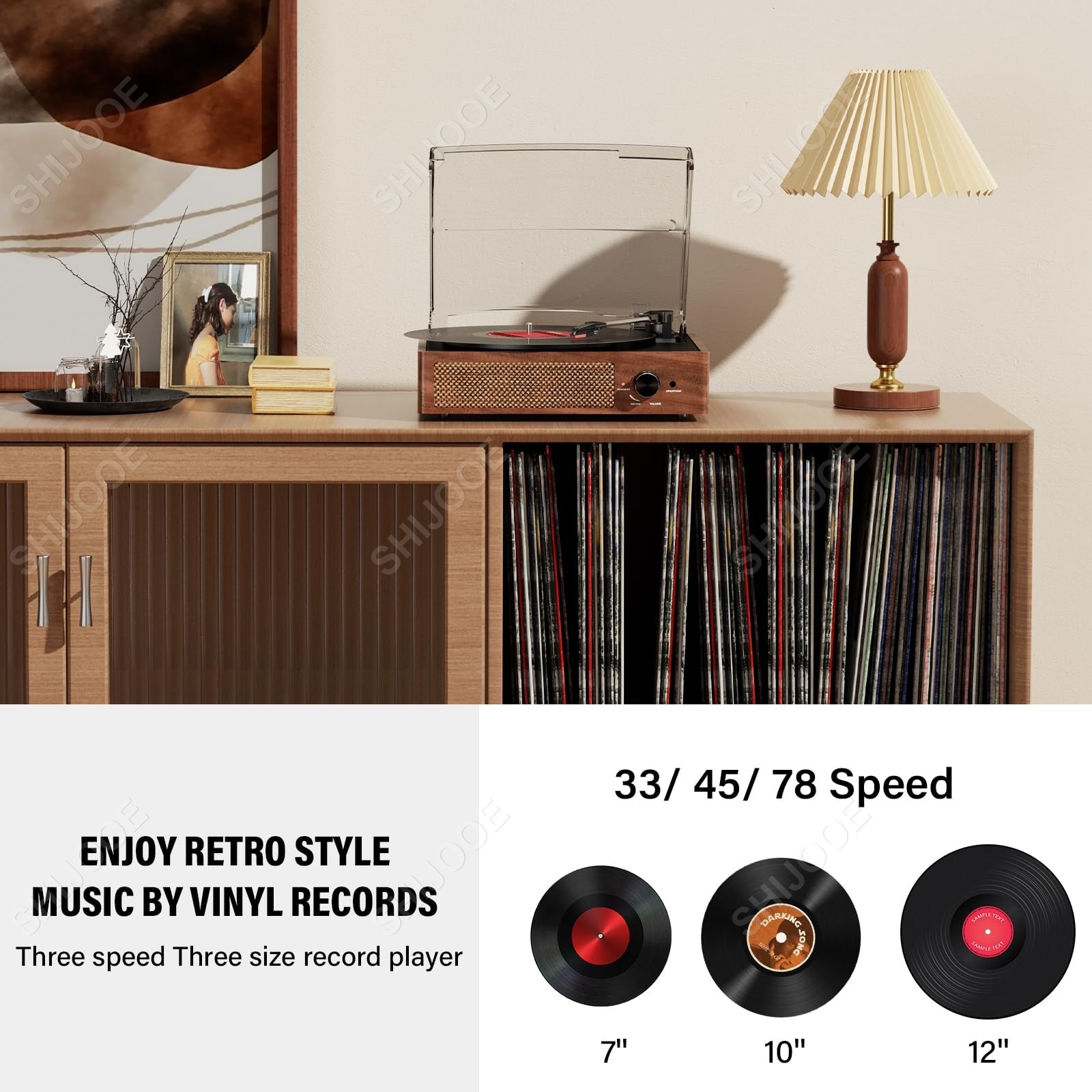 Pick-up stereo，SHIOOE®，Record Player，cu Bluetooth，3 viteze reglabile，33 ...