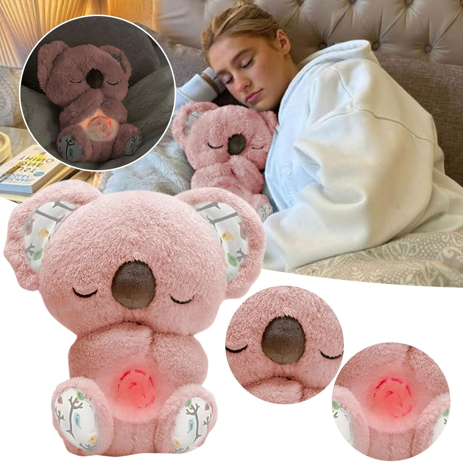 JALWO, Jucarie de plus cu respiratie Koala roz cu lumina si sunet - eMAG.ro