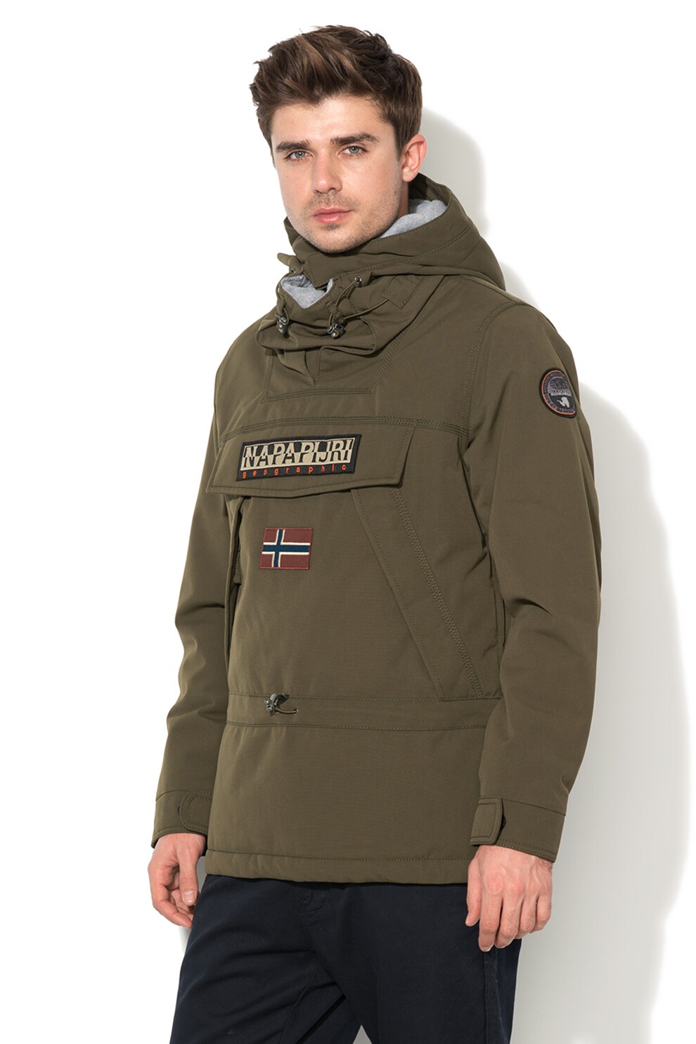 Napapijri, Geaca fara inchidere cu gluga si aplicatii logo, Verde ...