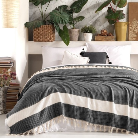 Pled din bumbac, Viaden, negru/crem, 200x230cm, ciucuri decorativi ...