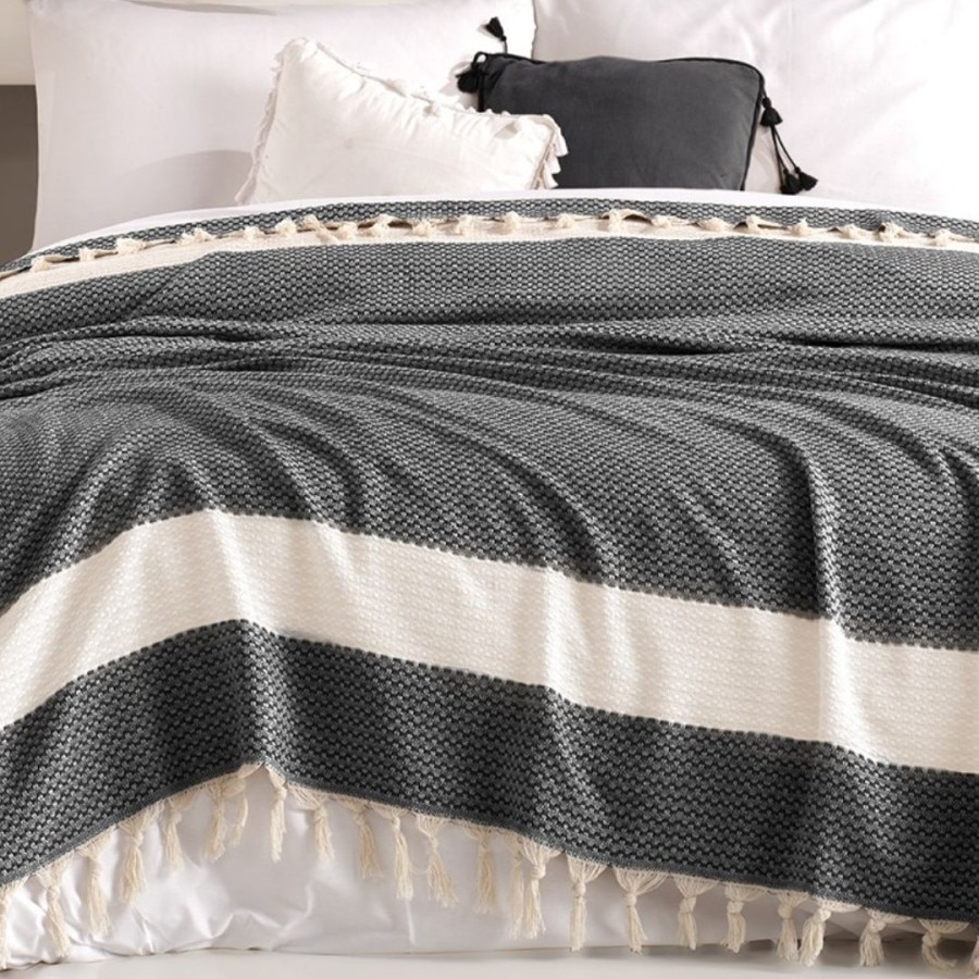 Pled din bumbac, Viaden, negru/crem, 200x230cm, ciucuri decorativi ...