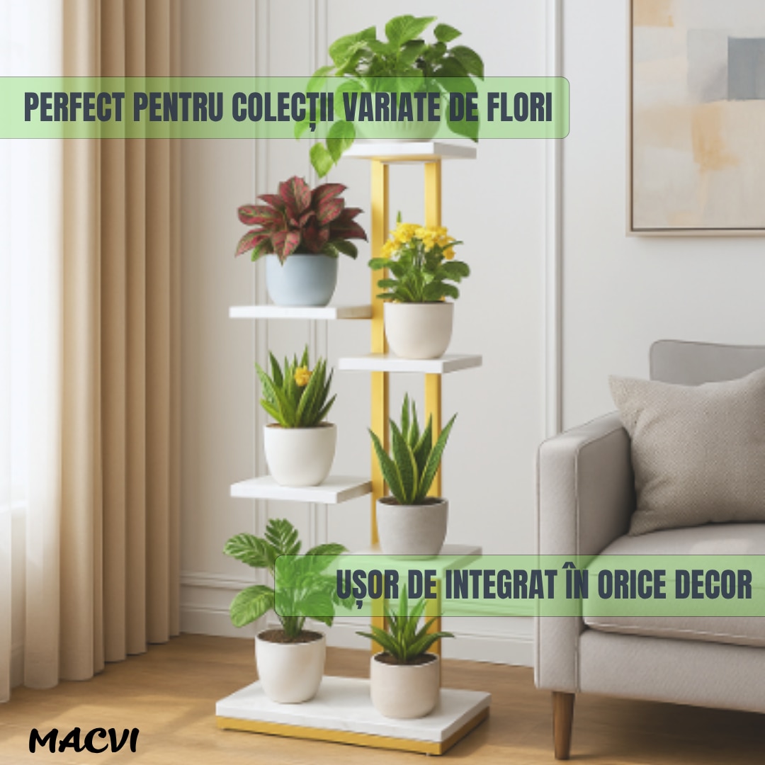 Suport ghivece flori Macvi® cu 6 rafturi, alb si maro, 113x60x20cm ...