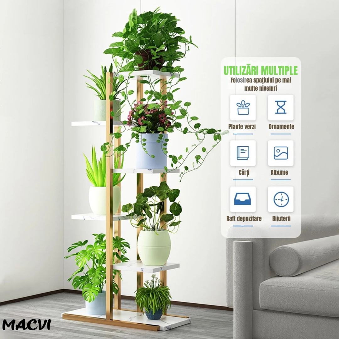 Suport ghivece flori Macvi® cu 6 rafturi, alb si maro, 113x60x20cm ...