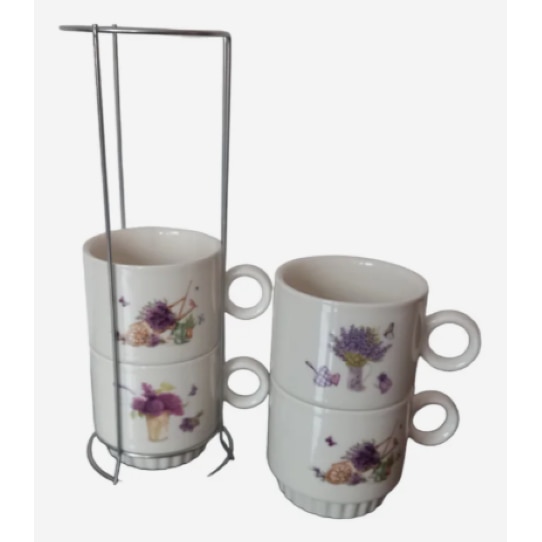 Set 4 cesti Cafea, Ceramica, 200ml cu suport din Inox, Lavanda - eMAG.ro