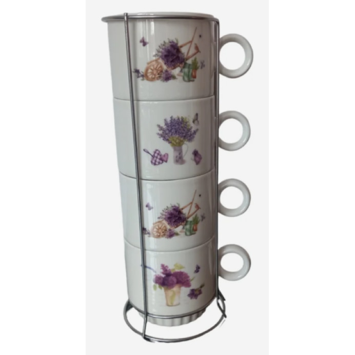 Set 4 cesti Cafea, Ceramica, 200ml cu suport din Inox, Lavanda - eMAG.ro