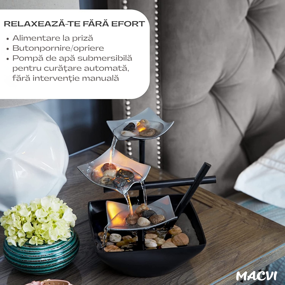Фонтан за терапия Macvi®, успокояващи звуци на вода, релаксиращ дзен ...