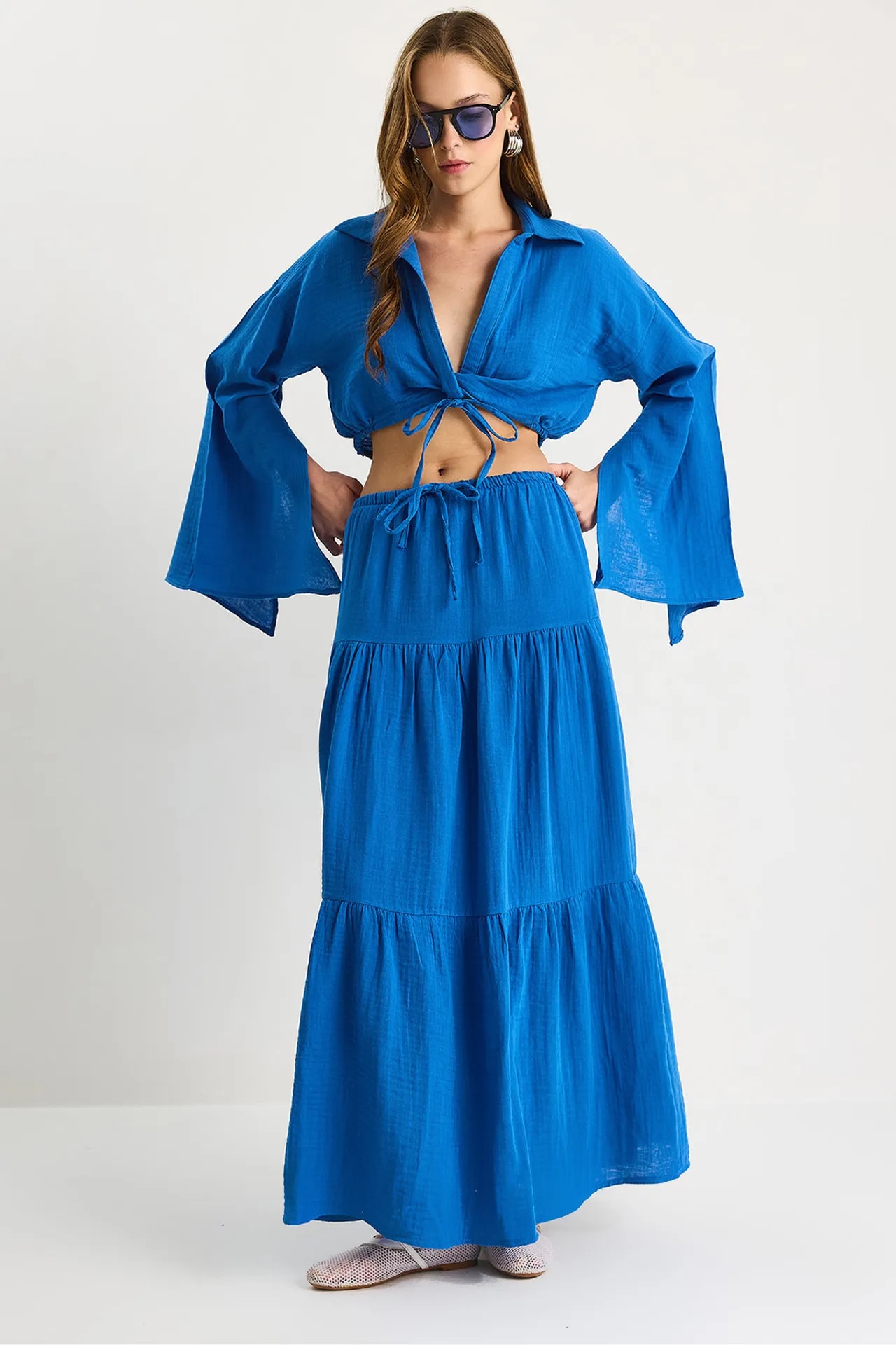 Compleu dama, HiCCUP LUCCI, cu volanase, albastru, textil, M INTL - eMAG.ro
