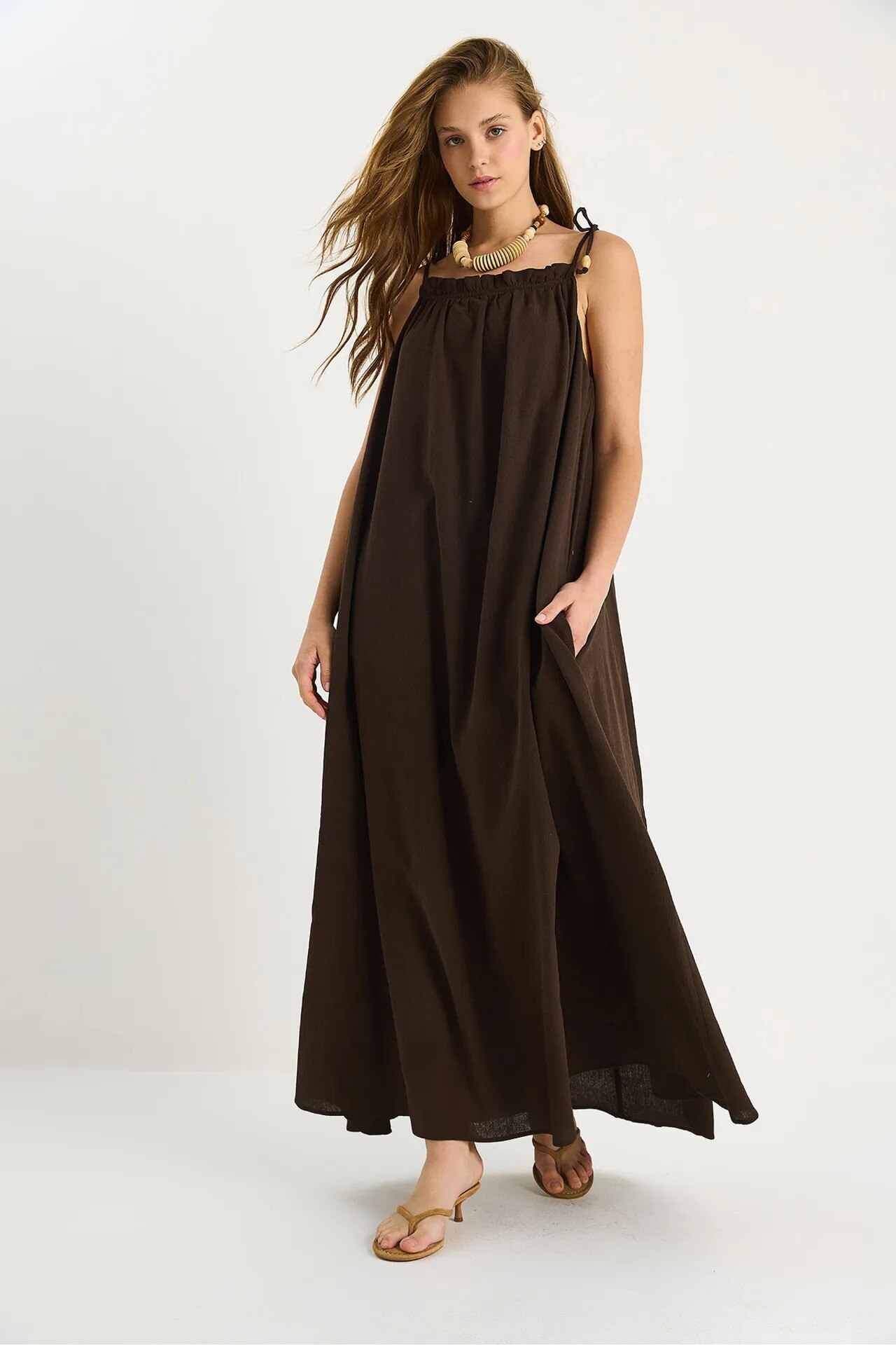 Rochie maxi Bianco Lucci, decolteu patrat, textil, maro, L INTL - eMAG.ro
