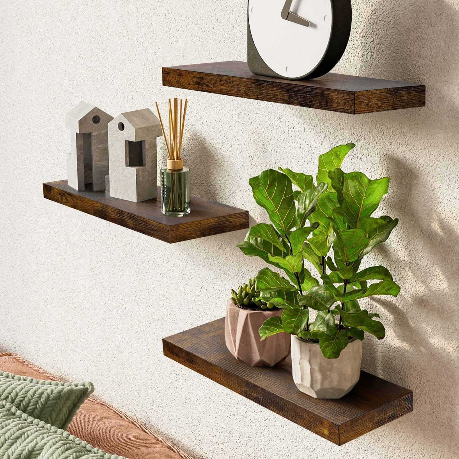 Raft pentru perete, XICENRM®, 3 buc, MDF/PVC, montate pe perete, maro ...