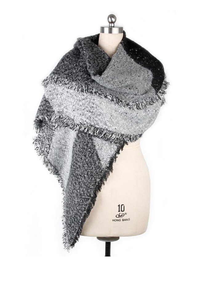 Fular Supradimensionat Femei din Pashmina si Lana Nuante Negru Gri ...
