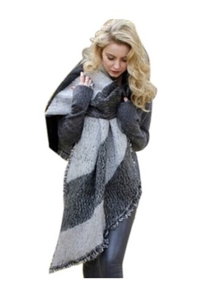Fular Supradimensionat Femei din Pashmina si Lana Nuante Negru Gri ...