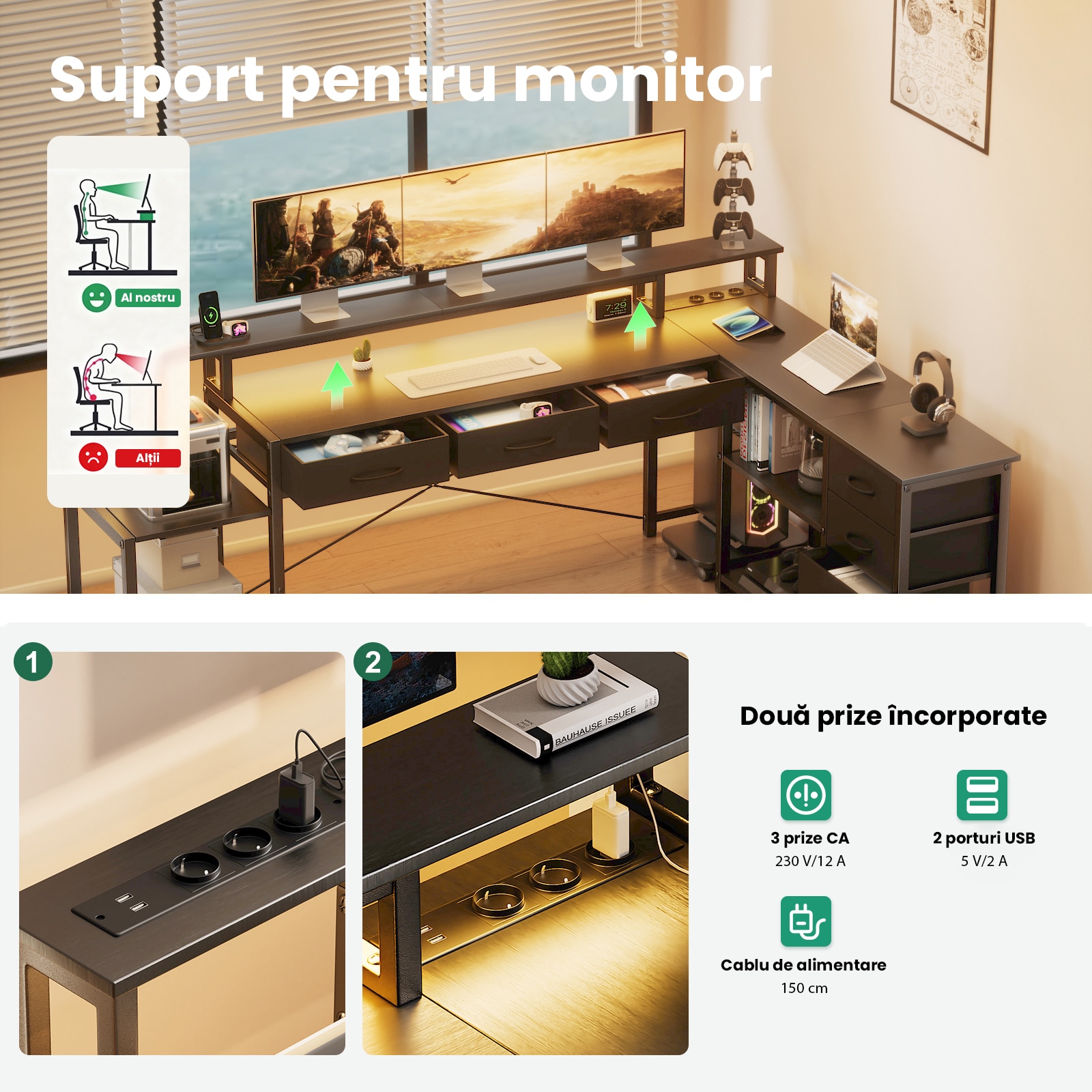 Birou in forma de L, iluminare LED, 7 sertare, suport monitor, Negru ...