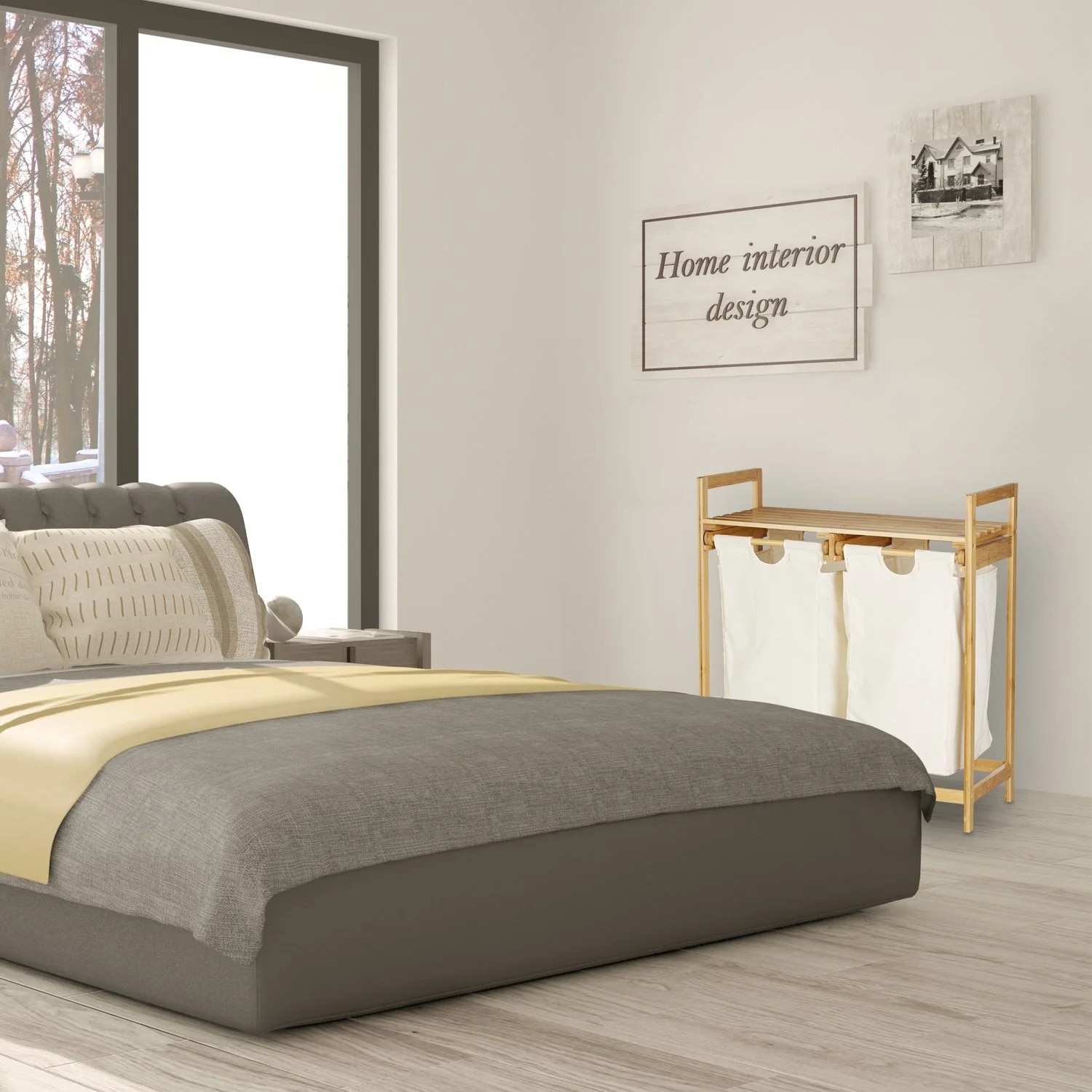 Cos de rufe B2X din bambus cu 2 saci, cu raft pentru accesorii, 76.6x35 ...