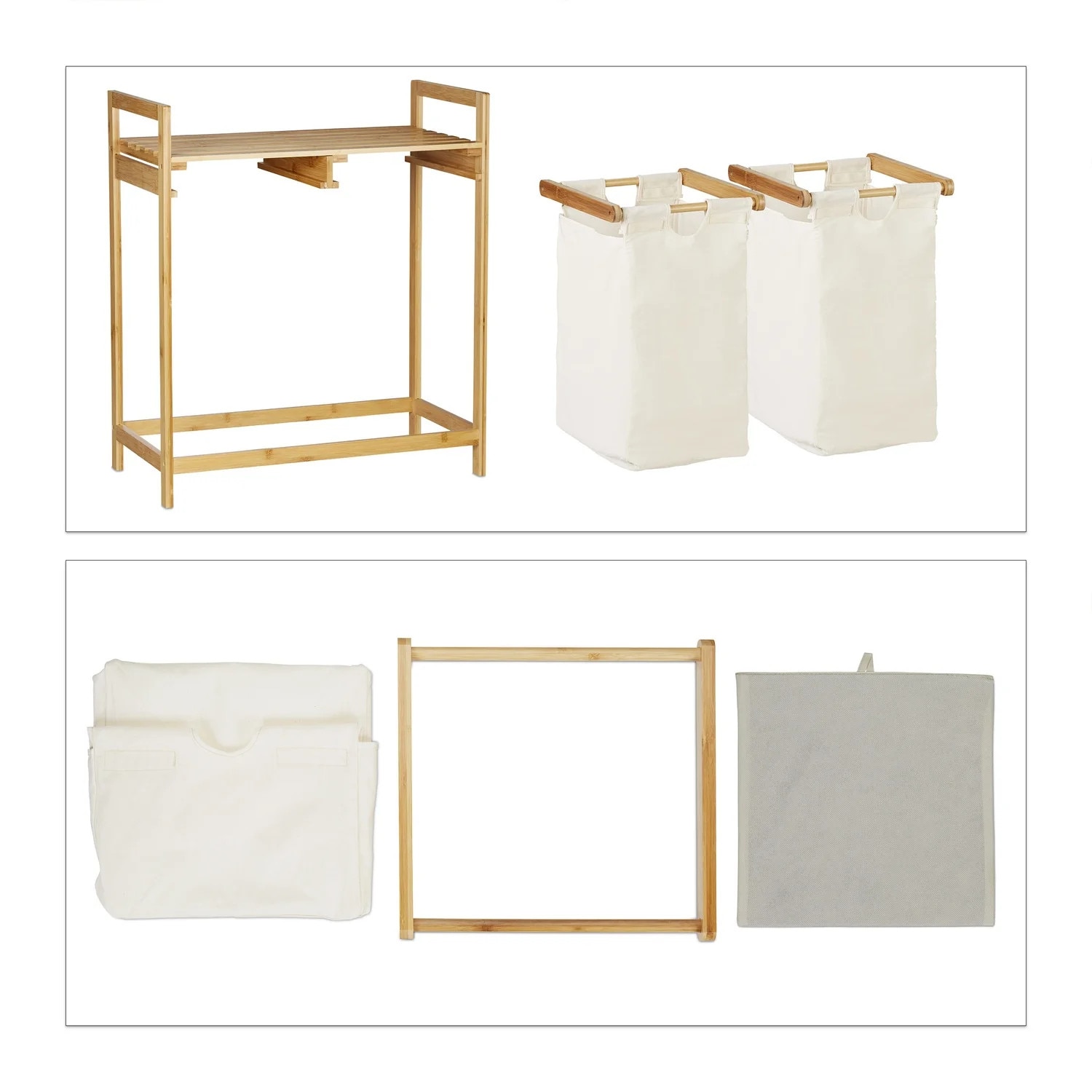 Cos de rufe B2X din bambus cu 2 saci, cu raft pentru accesorii, 76.6x35 ...