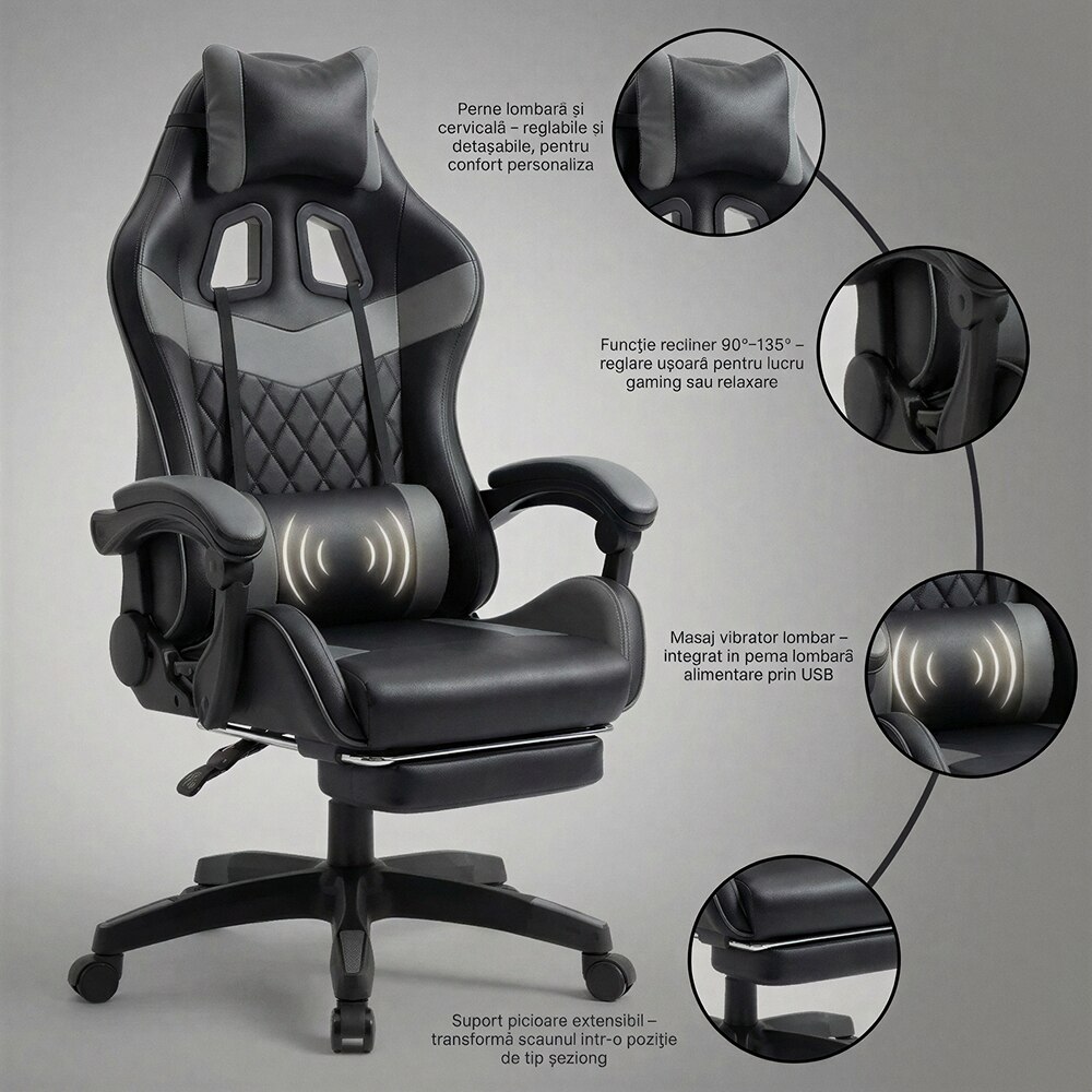 Scaun Gaming Premium TOP SCAUNE®, Sistem Iluminare LED RGB Banda ...