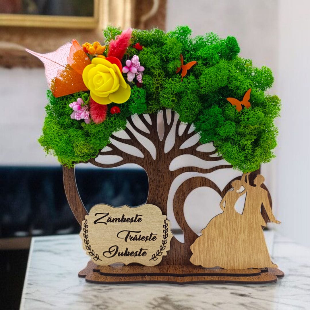 Copac decorativ din lemn cu licheni pentru Familie/Prieteni "Traieste ...