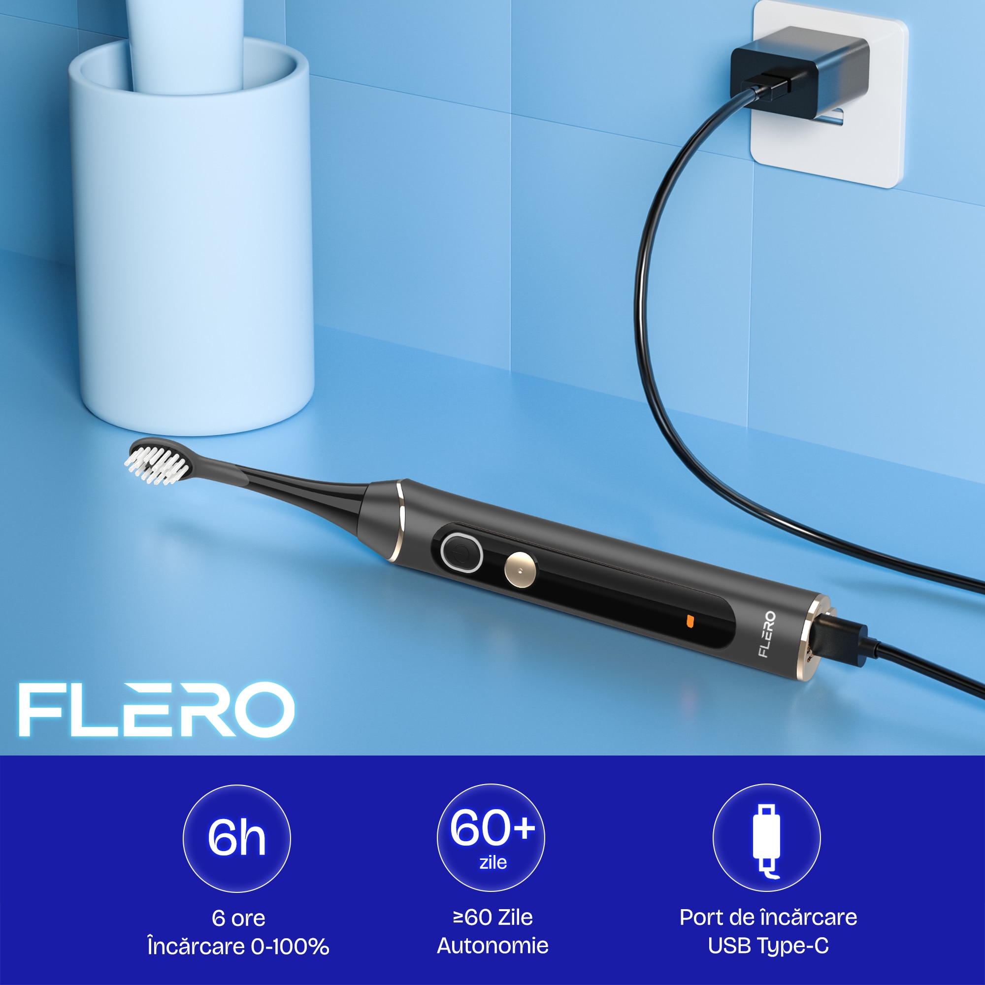 Periuta de dinti electrica sonica FLERO®, pentru adulti, copii, 8 ...