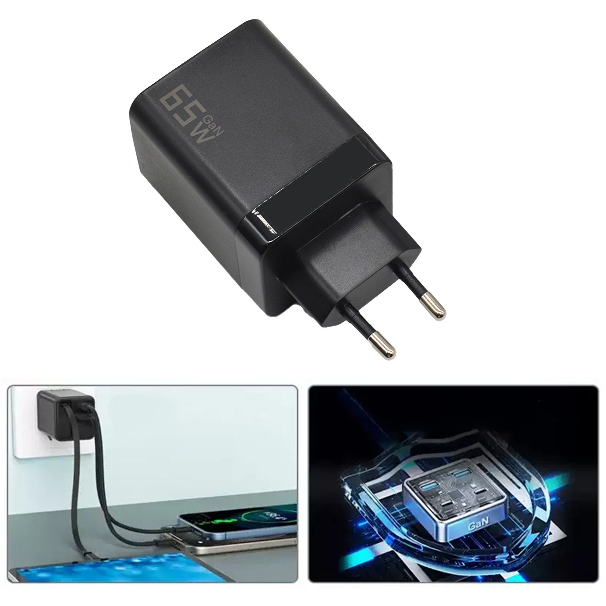 Incarcator 65W EU, 2×Type-C 65W + USB-A 18W, incarca iPhone/Samsung ...