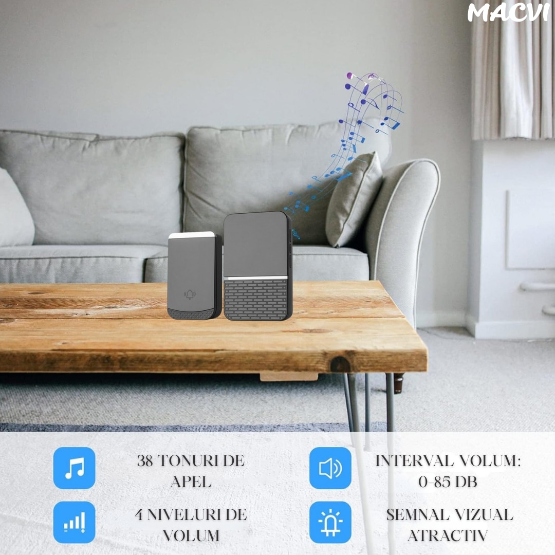 Sonerie fara fir Macvi®, wireless, 260 m raza, 4 niveluri volum ...