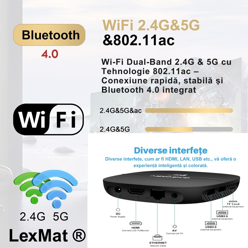 TV Box Android 13 4K Ultra HD LexMat ®, Wi-Fi si conexiune Ethernet ...