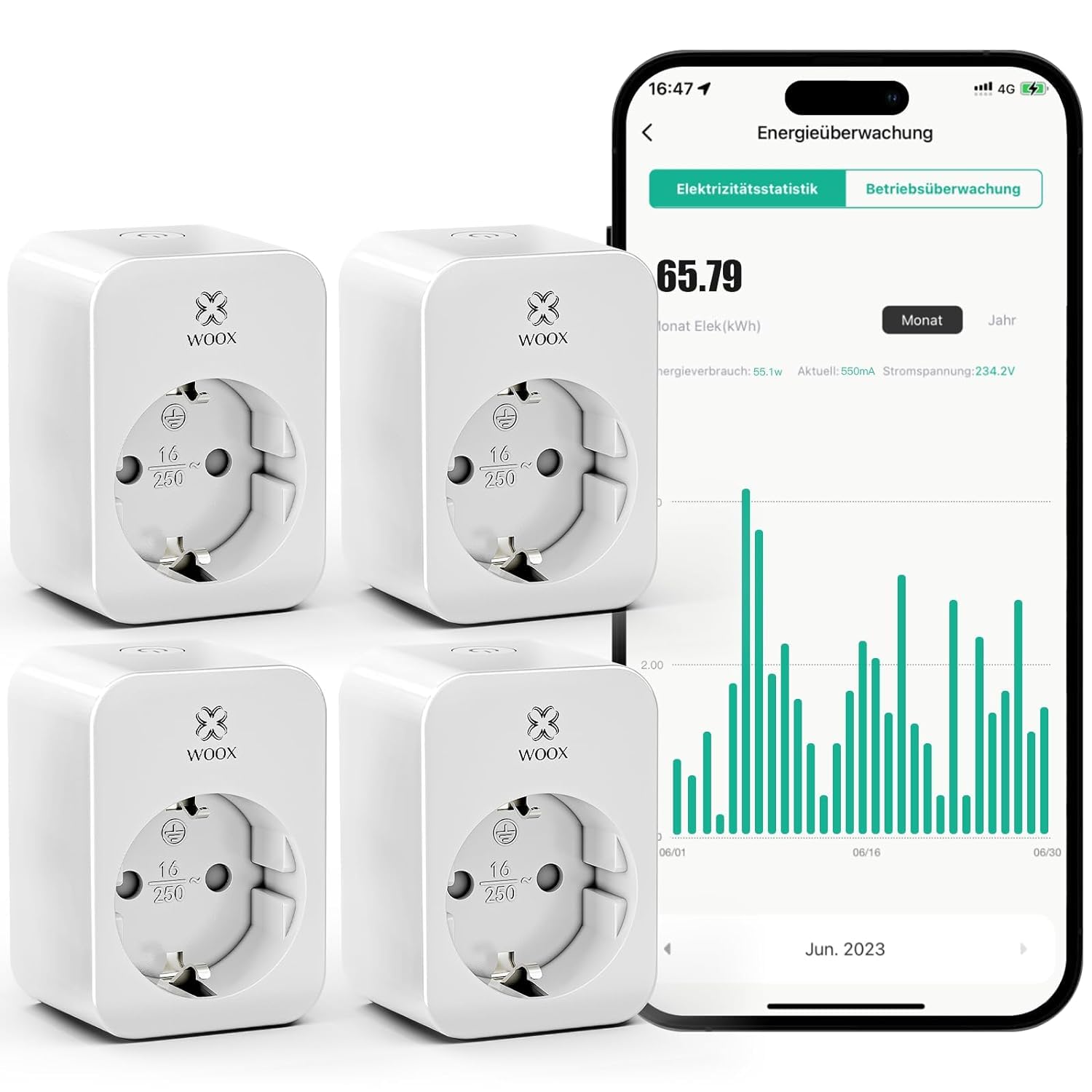 Woox Интелигентен Wi-Fi контакт с Alexa, пакет от 4, с измерване на ток ...