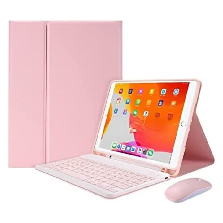 Husa cu Tastatură și Mouse Wireless pentru Tabletă, Sigloo, Roz, Design ...