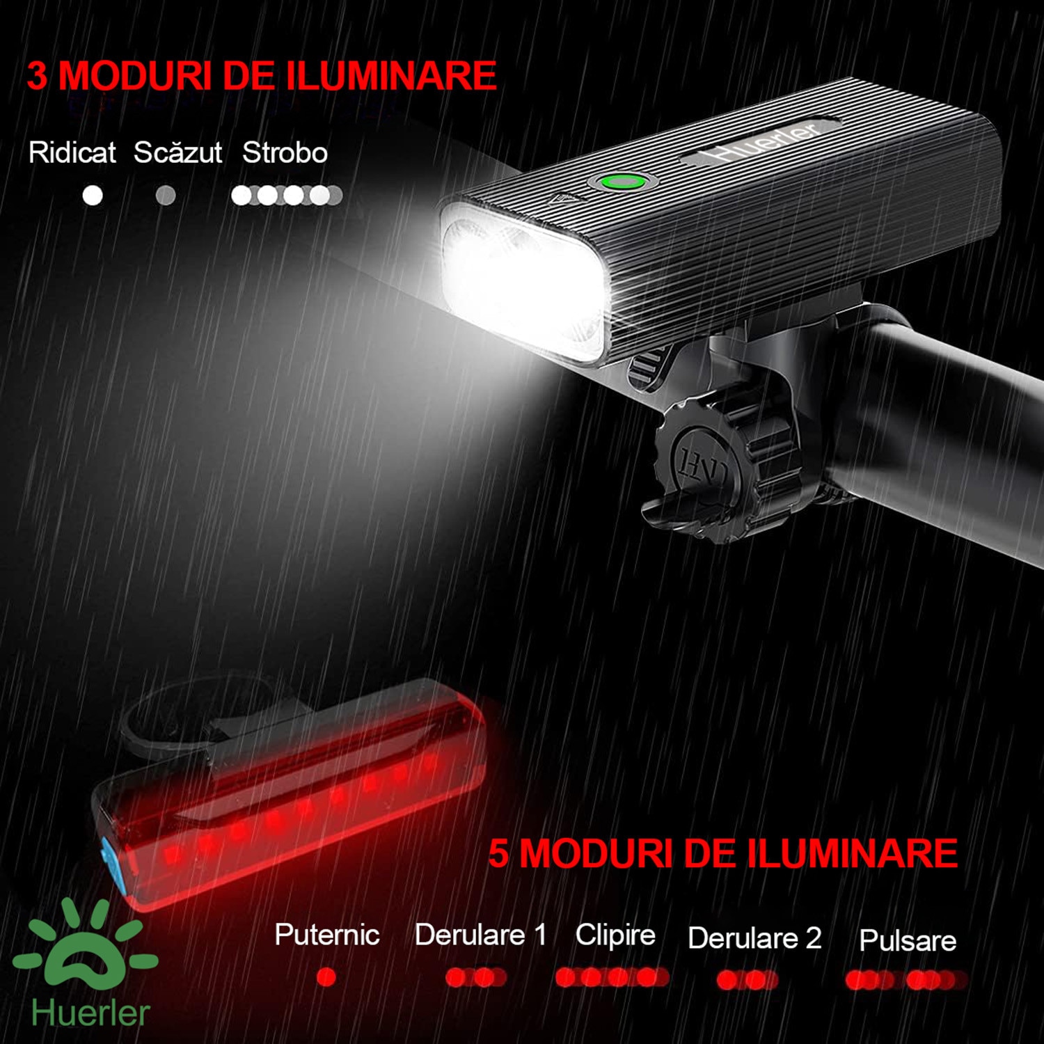 Set Far si Stop Bicicleta, Din Aluminiu, Huerler® Vision Pro, 4 Moduri ...