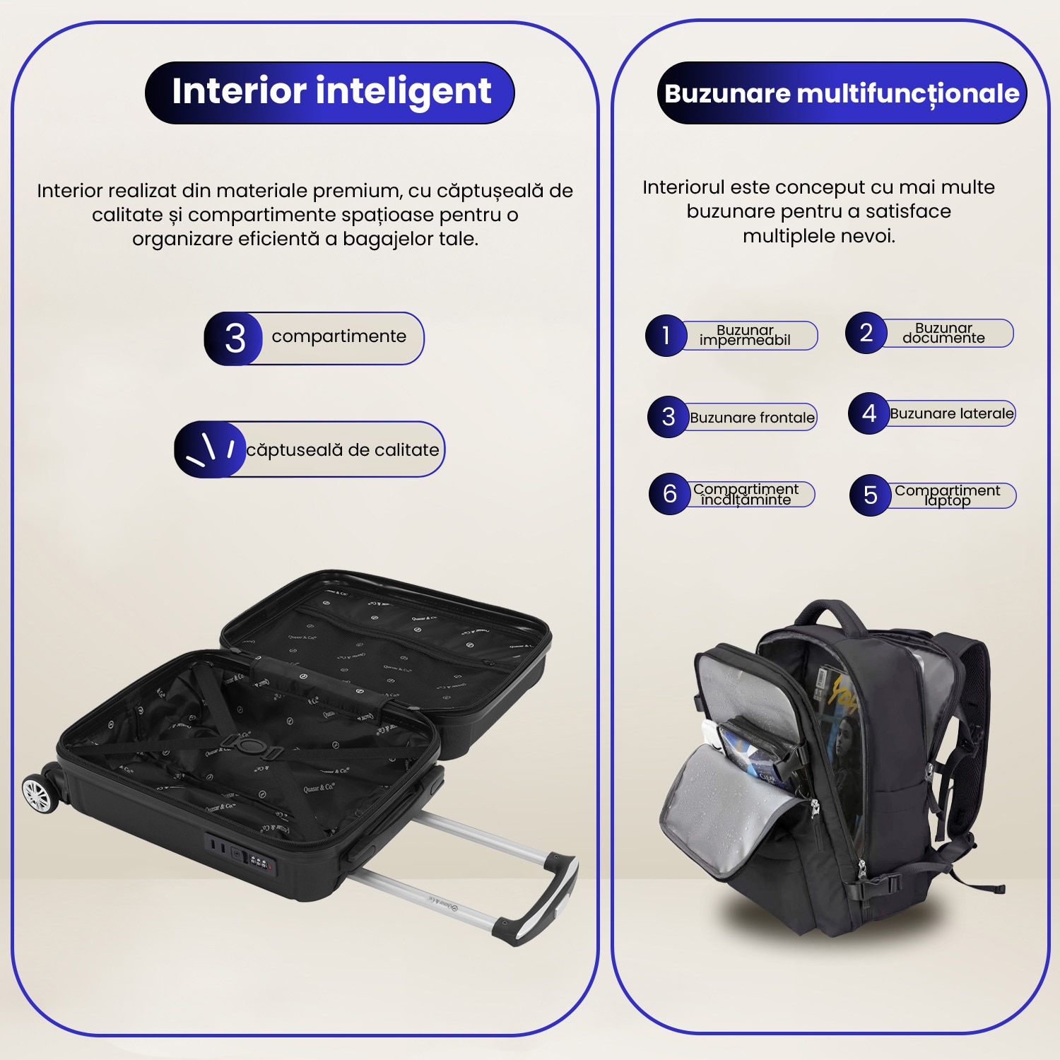 Set troler cabina si rucsac Quasar & Co.®, 55x35x20cm/43x30x20 cm ...