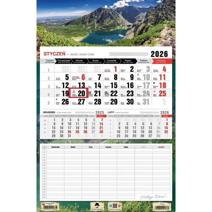 2026-os naptár, Pan Kalendarzyk, 315x480mm, heti tervező, sokszínű, 4 ...