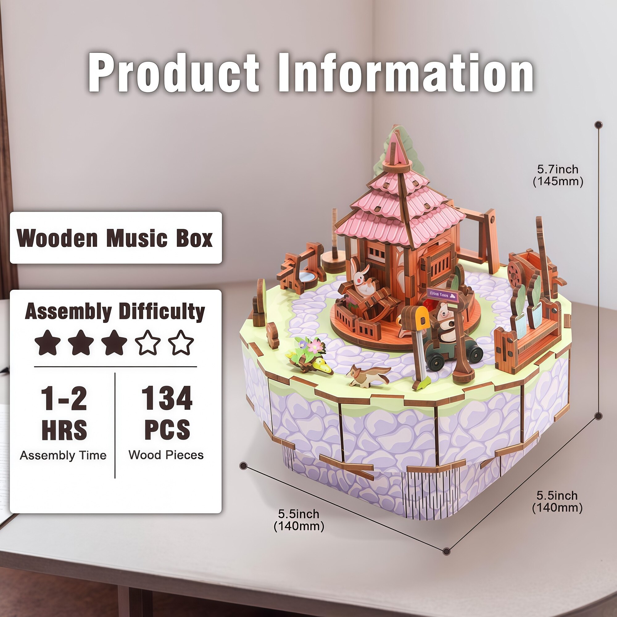 Puzzle 3D din Lemn cu Cutie Muzicala, Omelivon® Componente ce Se Rotesc ...
