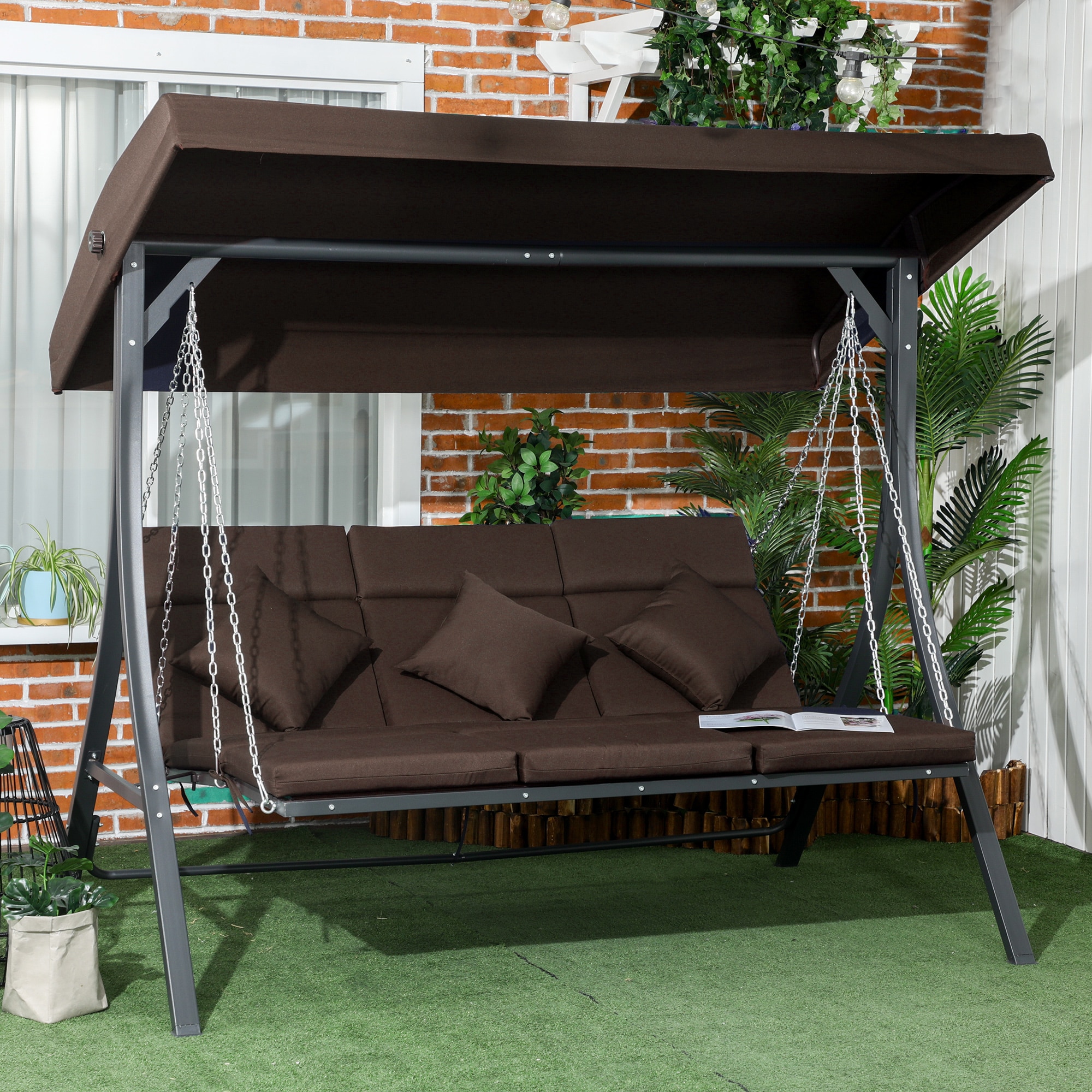 Balansoar de gradina Outsunny, 3 locuri, copertina reglabila, 270 kg ...