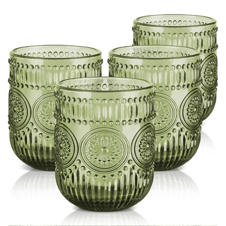 Set de 4 pahare Joeyan colorate, 260ml, verde, motive floarea-soarelui ...