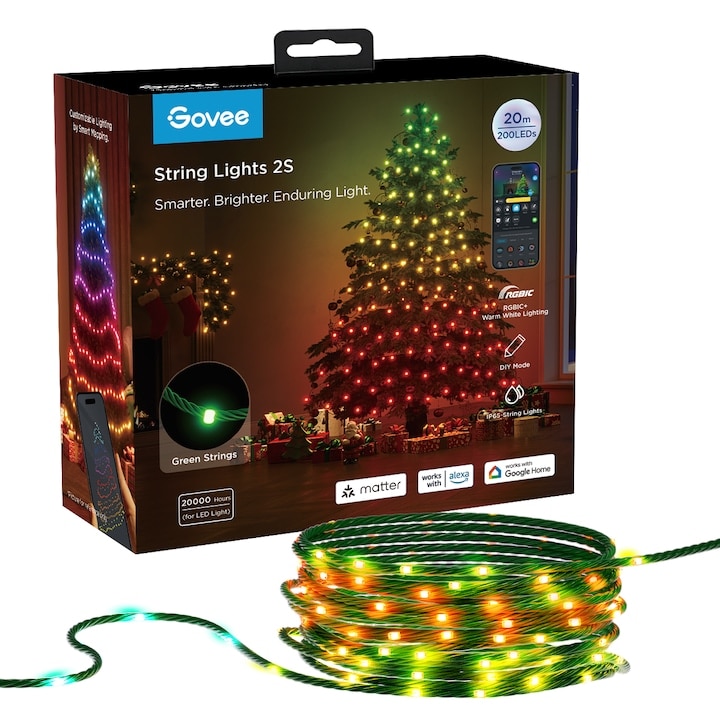 Banda LED pentru brad RGBIC Govee String Lights 2S, 20 m lungime, IP65 ...